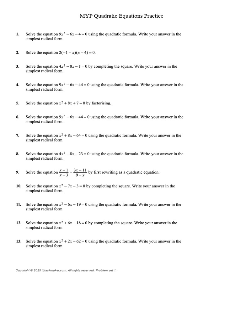 MYP Quadratic Equations Practice | PDF