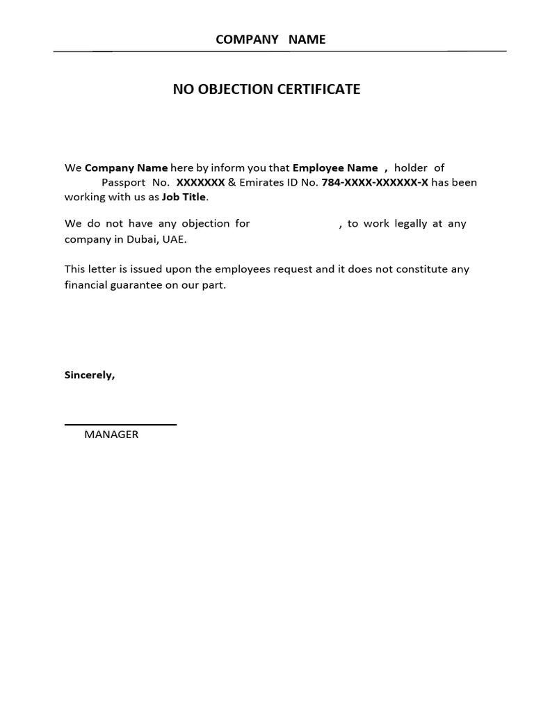 No Objection Certificate for Employment | PDF