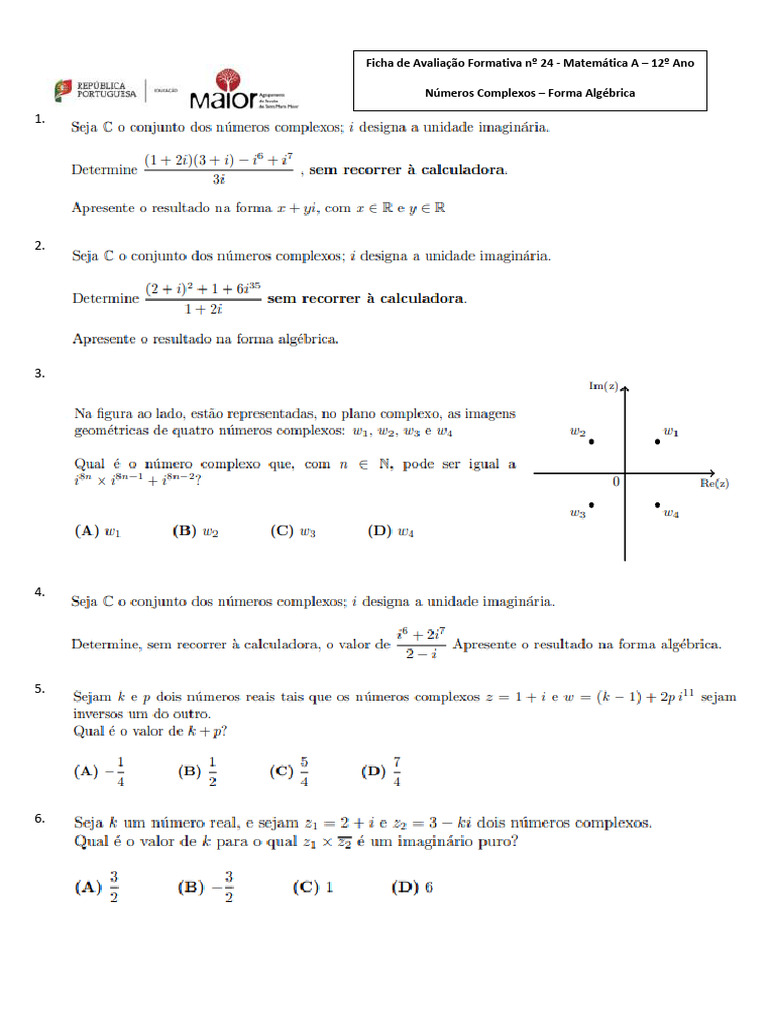 Ficha 24 - Números Complexos Na Forma Algébrica | PDF