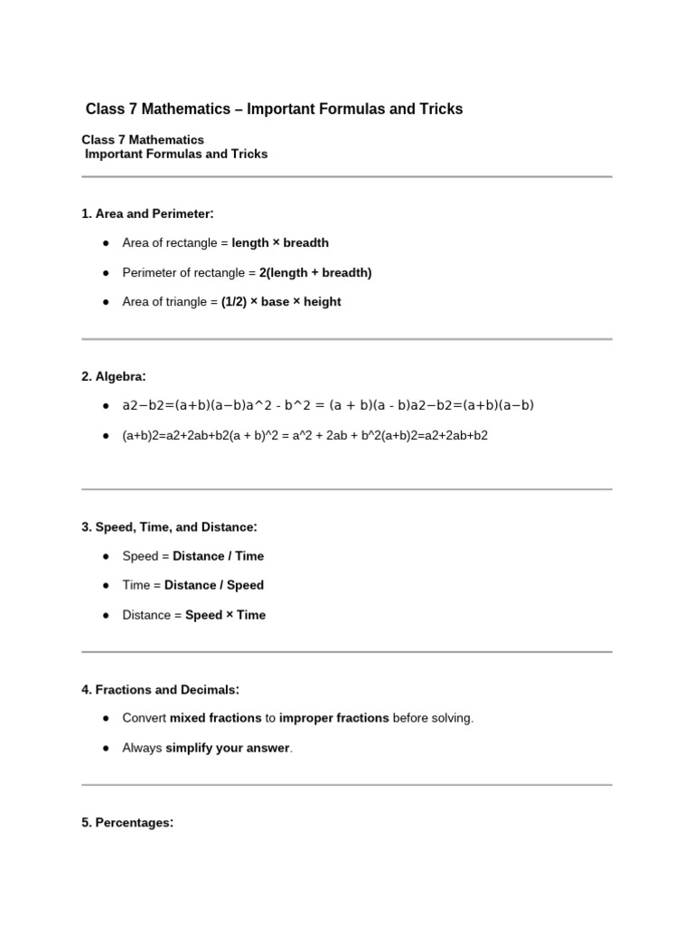 Class 7 Mathematics - Important Formulas and Tricks | PDF