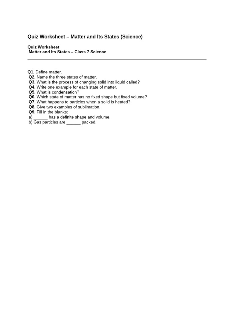 Quiz Worksheet - Matter and Its States (Science) | PDF
