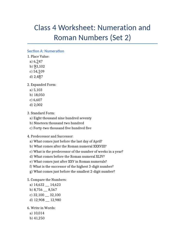 Class 4 Numeration & Roman Numbers Worksheet | PDF
