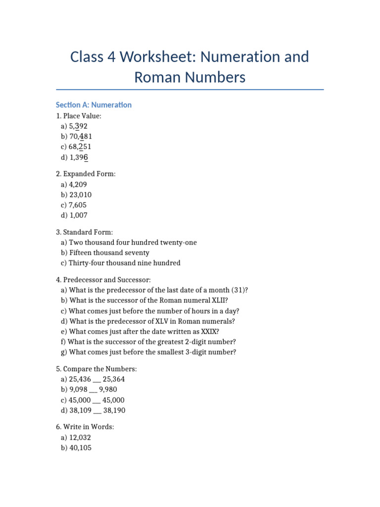 Class 4 Numeration Roman Worksheet 1 | PDF