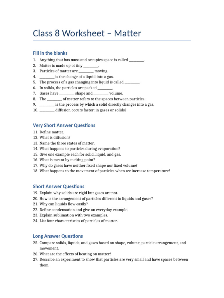 Class8 Matter Worksheet | PDF | Liquids | Gases