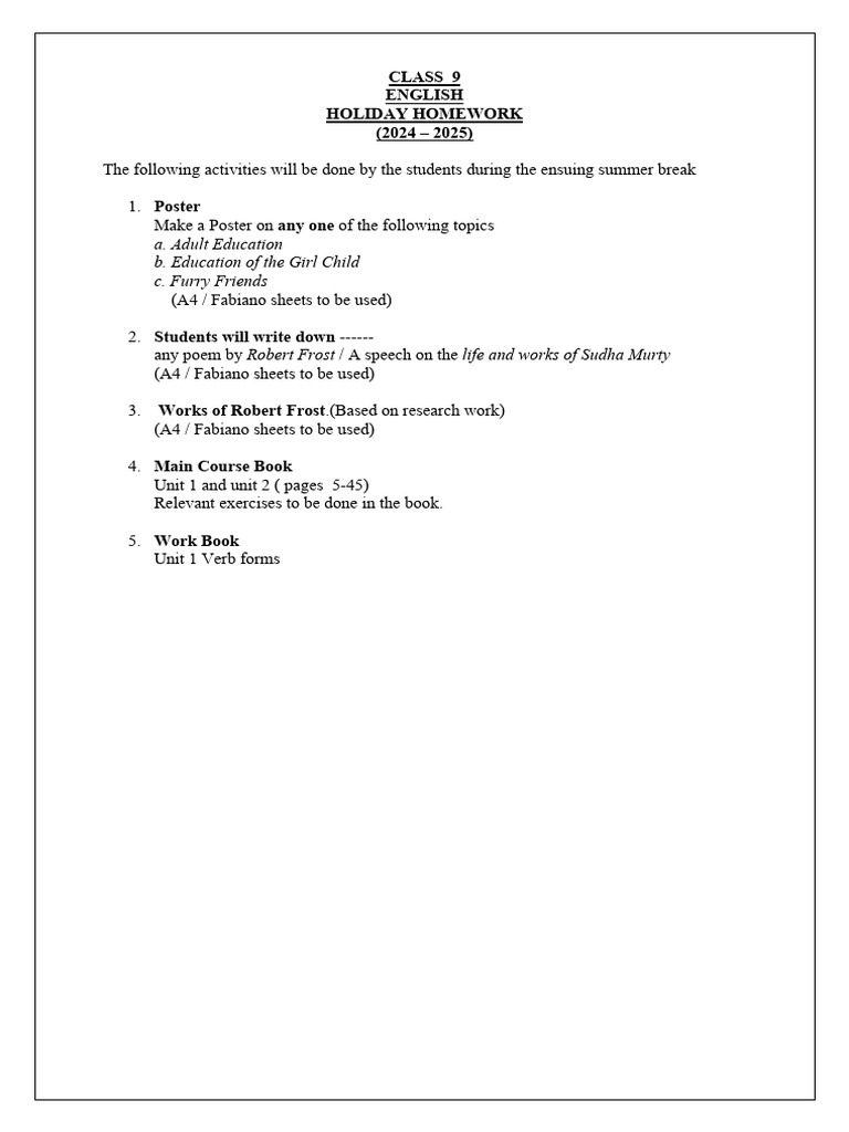 Class 9 English Holiday Homework 2024-25 | PDF