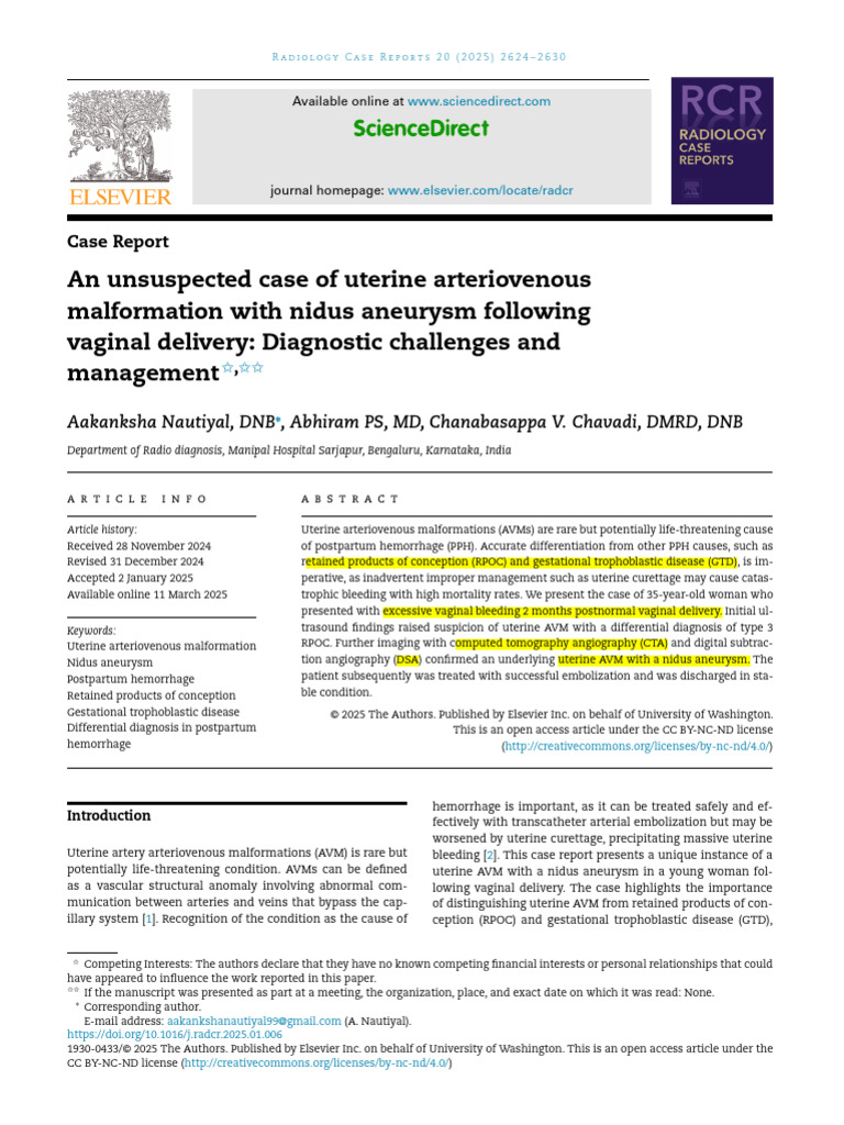 Uterine AVM Case Post-Delivery Management | PDF | Angiography | Medical ...