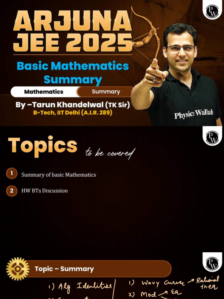 Basic Mathematics - Summary Lecture Class Notes - Arjuna JEE 2025 | PDF