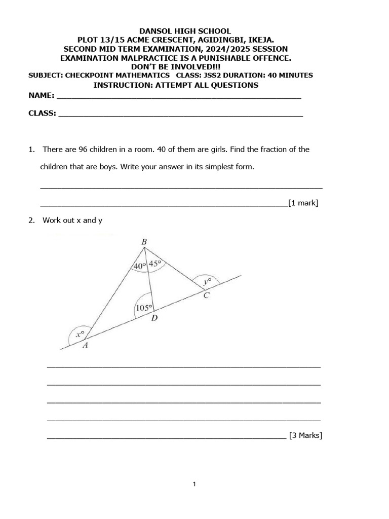 Jss 2 Check Point Maths 2nd Mid Term Exam'25 | PDF | Mathematics