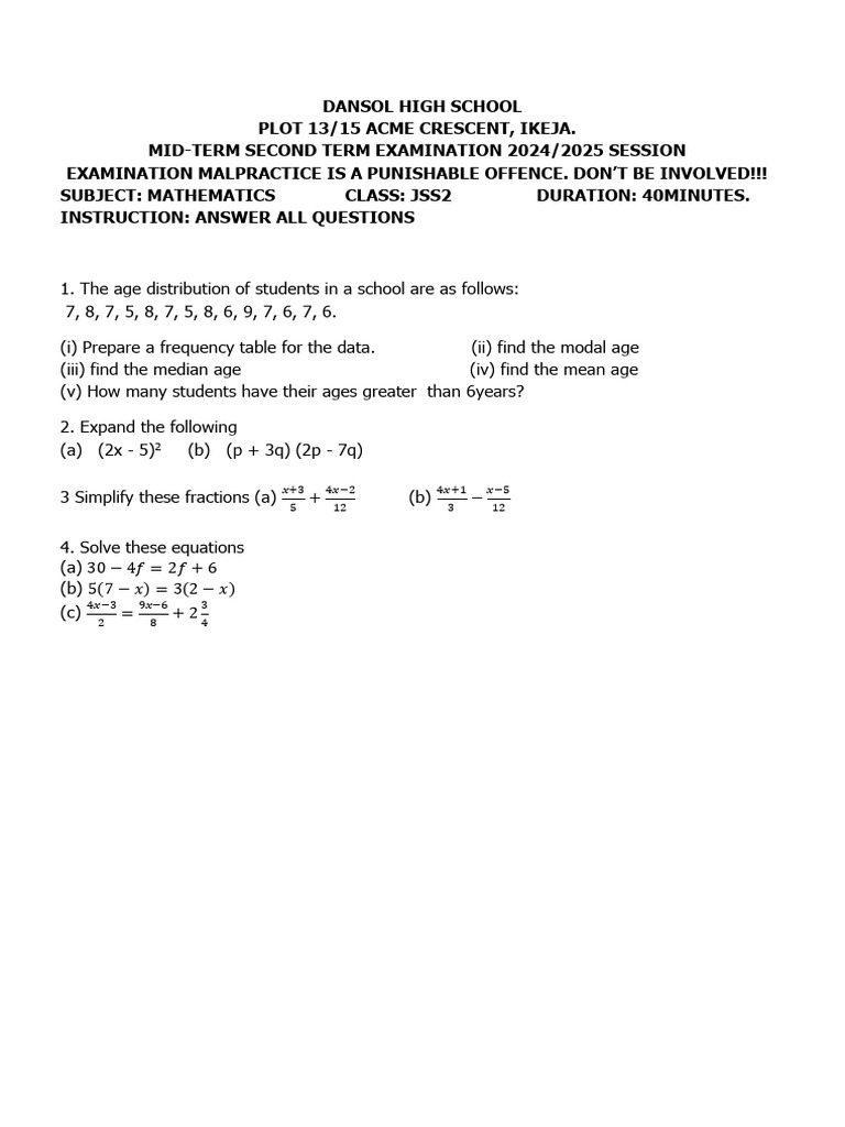 Jss 2 Maths 2nd Mid Term Exam'25 | PDF