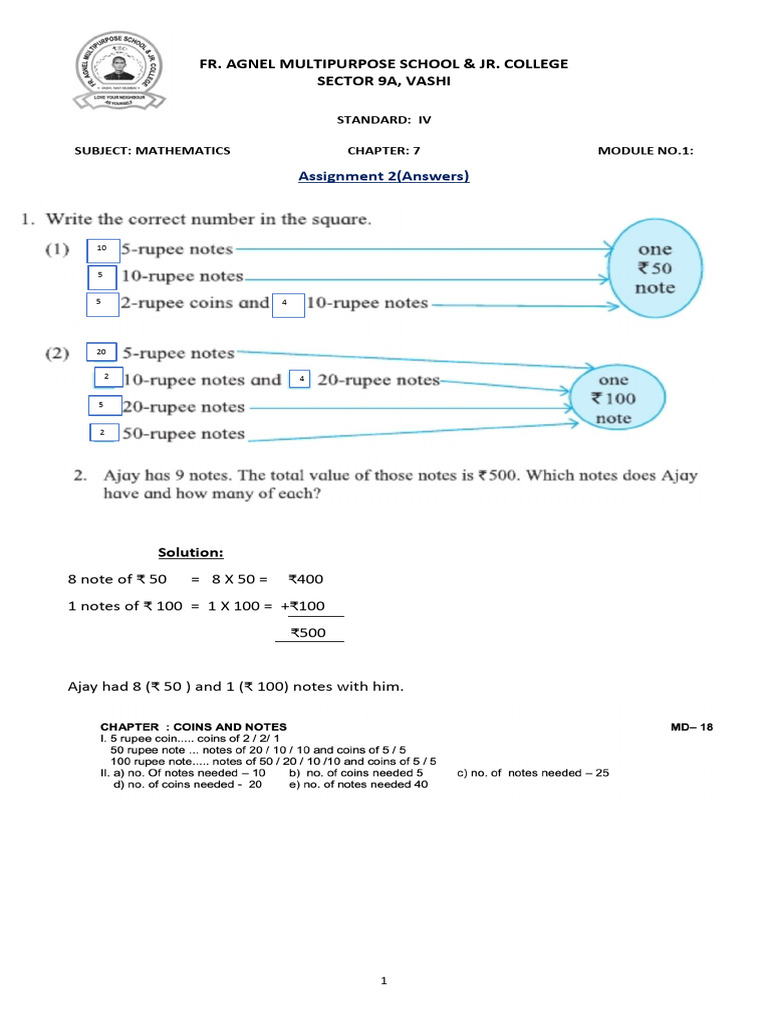 Answer Key - H.W - Chapter 7 - Coins and Notes - Module1 - Math - STD ...