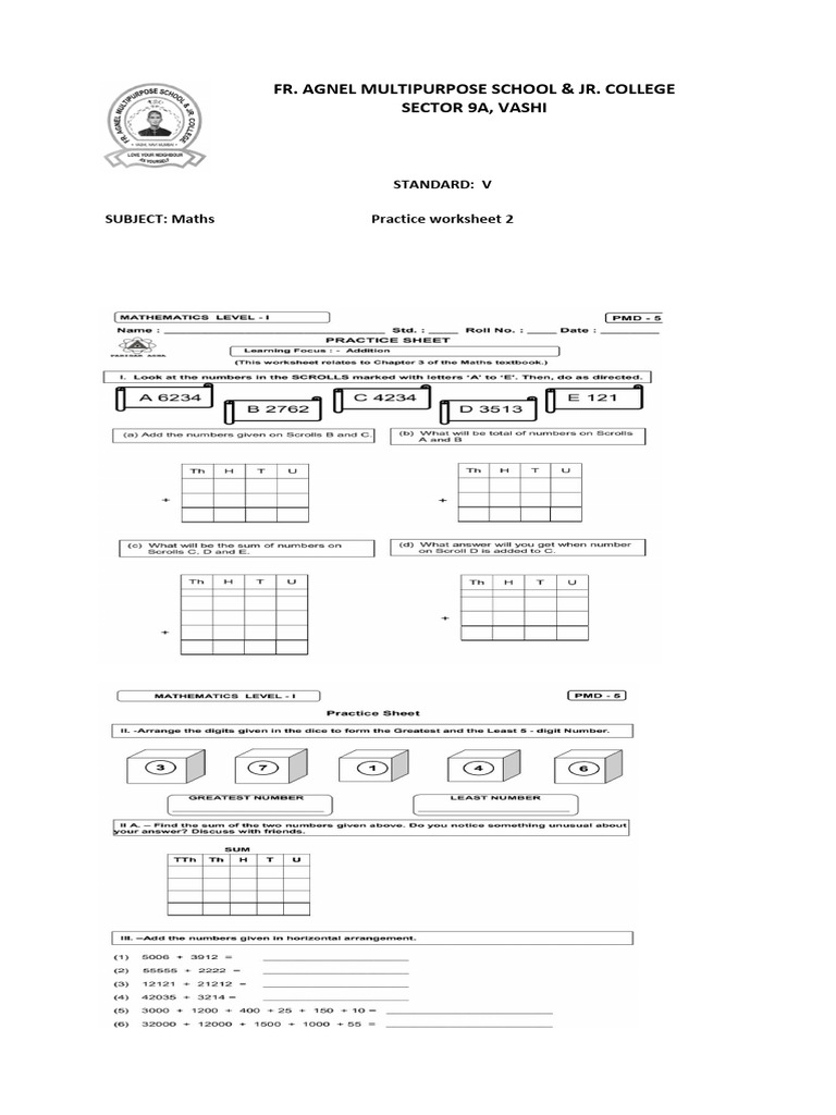Practice Worksheet 2 - Maths - STD IV | PDF