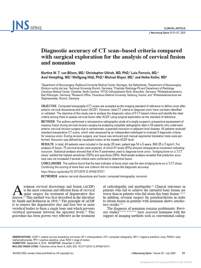 J Neurosurg Spine Article p51 | PDF | Vertebra | Ct Scan