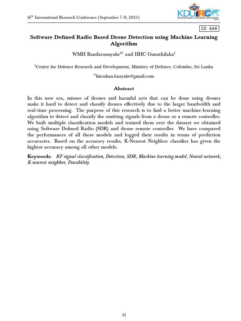 Software Defined Radio Based Drone Detection Using Machine Learning Pdf