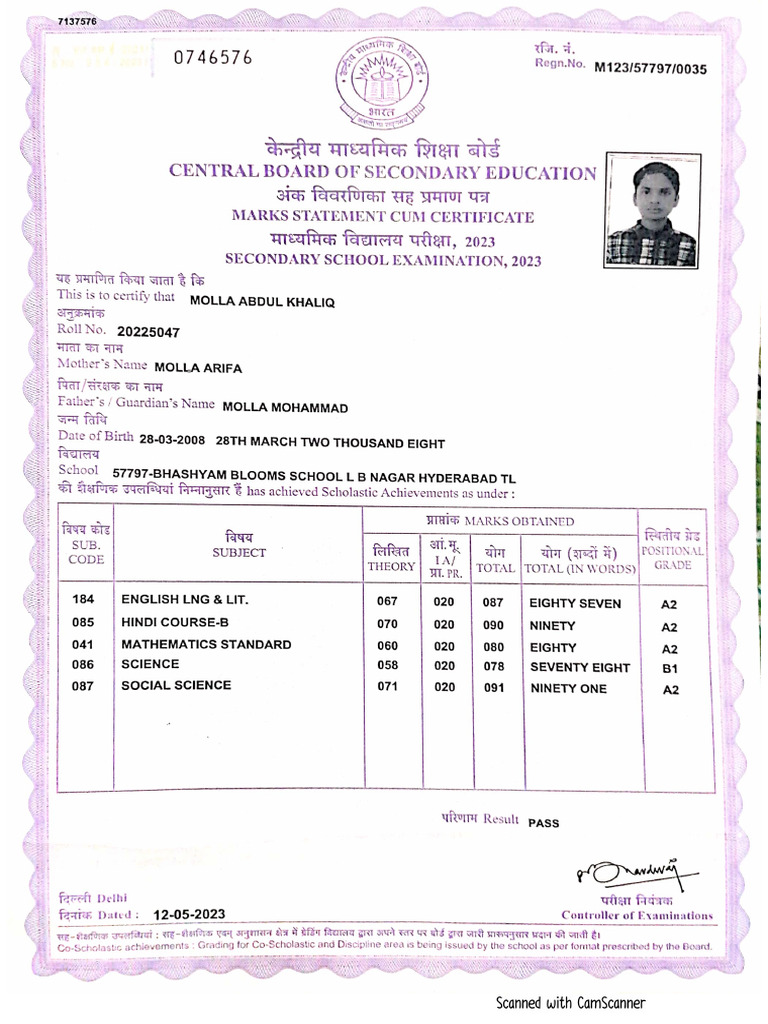 Tenth Standard Marksheet | PDF