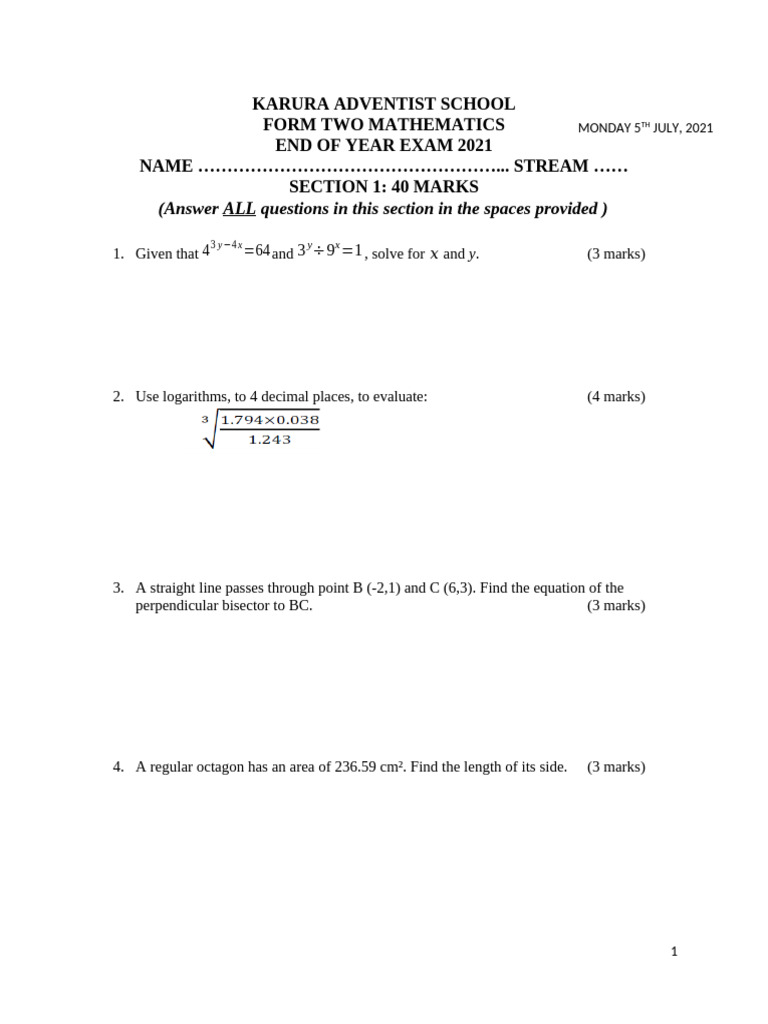 Form 2 Maths End of Year 2020 | PDF | Circle | Triangle