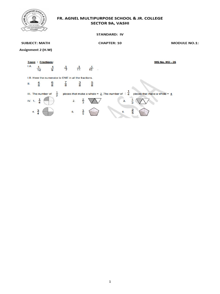 Answer Key_HW_Chapter 10_Fractions_Module 1_Math_Std IV | PDF
