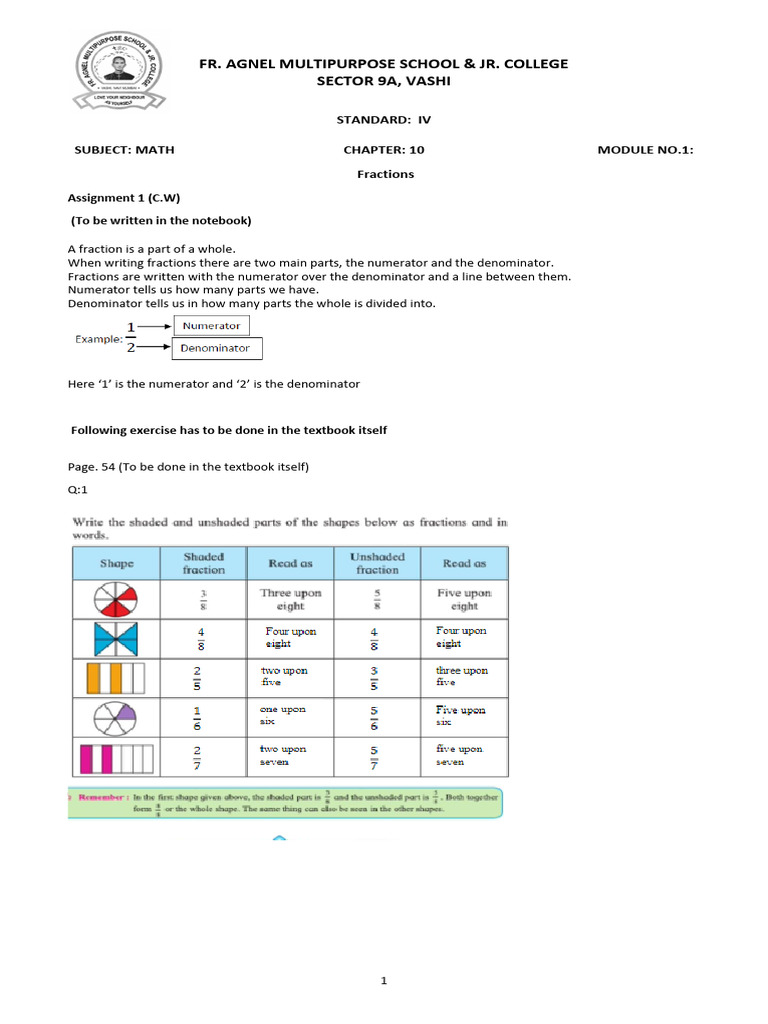 CW-HW - Chapter 10 - Fractions - Module 1 - Math - STD IV | PDF