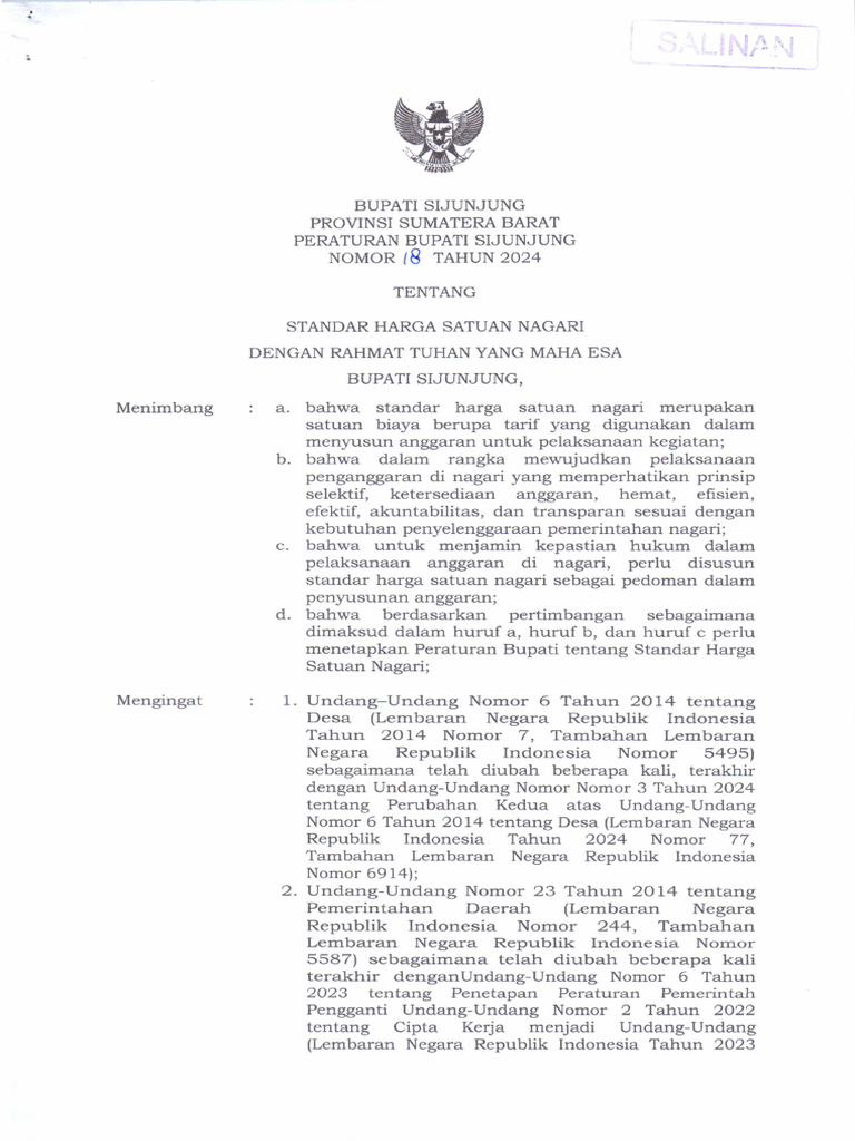 Perbup No.18 Tahun 2024 TTG Standar Harga Satuan Nagari | PDF