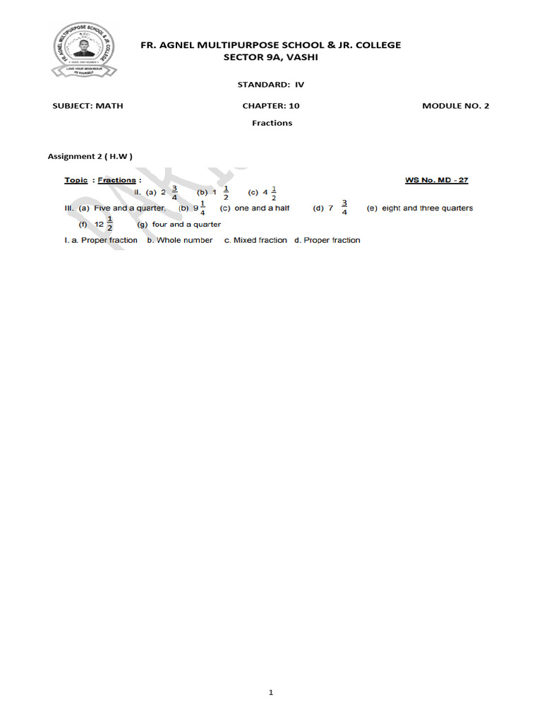 Answer Key - HW - Chapter 10 - Fractions - Module 2 - Math - STD IV | PDF