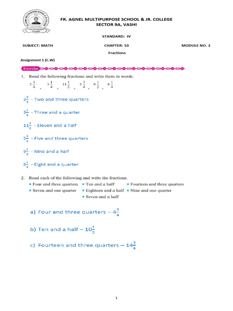 CW-HW - Chapter 10 - Fractions - Module 2 - Math - STD IV | PDF