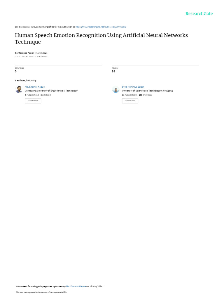 Human Speech Emotion Recognition Using Artificial Neural Networks Technique | PDF | Receiver ...