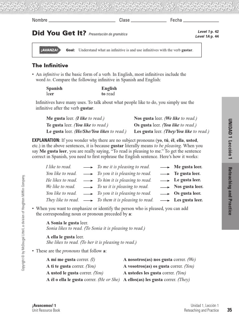 Avancemos 1 - Unit 1 Lesson 1 WB DYG | PDF | Syntax | Syntactic ...