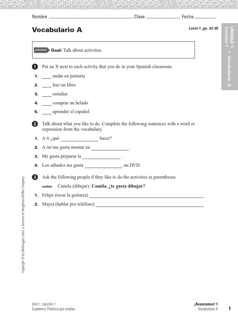 Avancemos 1 - Unit 1 Lesson 1 WB | PDF