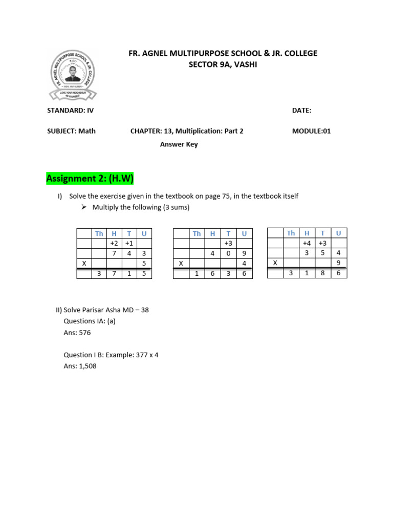 Answer Key - H.W - Chapter 13 - Multiplication Part 2 - Module 1 - Math ...
