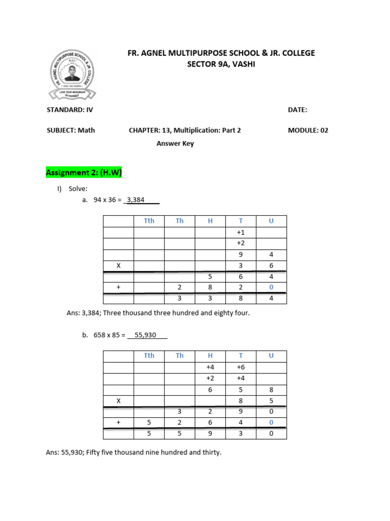 Answer Key - H.W - Chapter 13 - Multiplication Part 2 - Module 2math ...