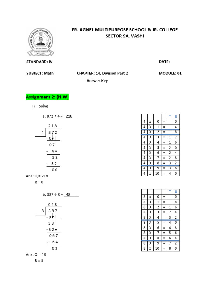 Answer Key_H.W_Chapter 14_Division Part 2_Module 1_Std IV | PDF