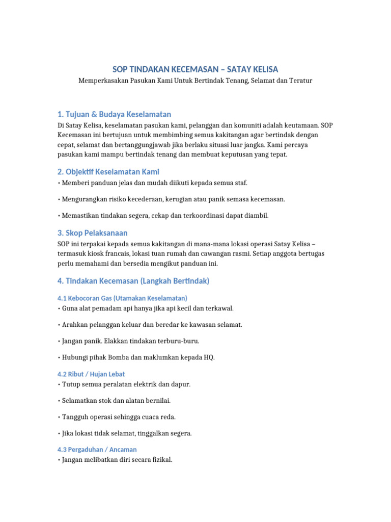 SOP Kecemasan Style Corporate SatayKelisa BM | PDF