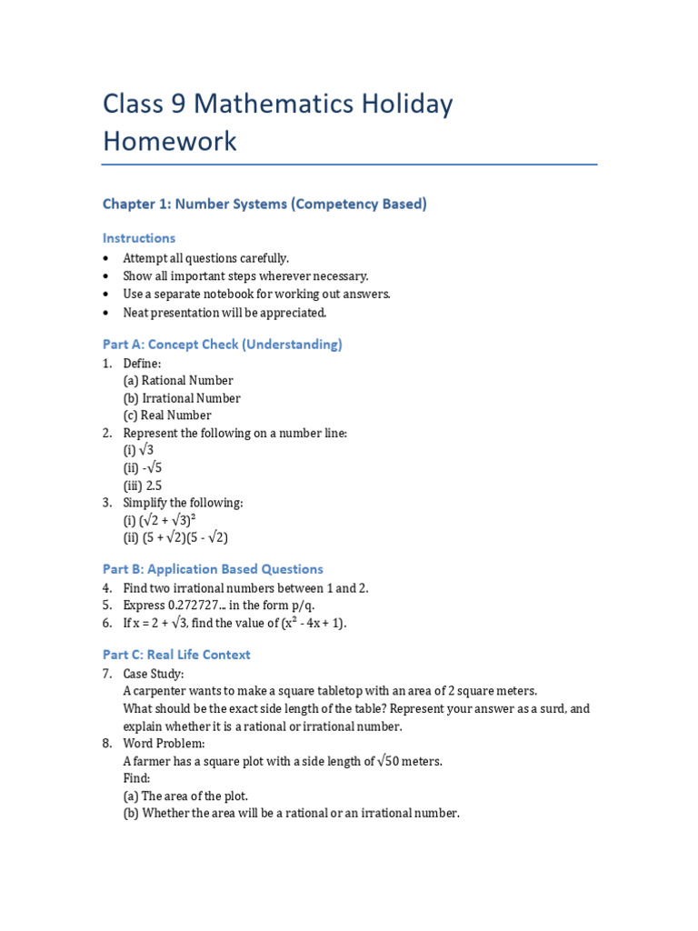 Class9 Maths Chapter1 HolidayHomework | PDF