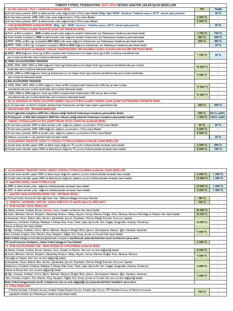 2023-2024 Amator - Ucret - Tablosu. | PDF