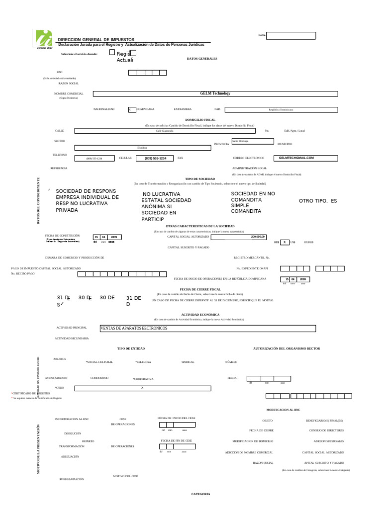 Formulario Inscripcion Registro Nacional de Contribuyente | PDF