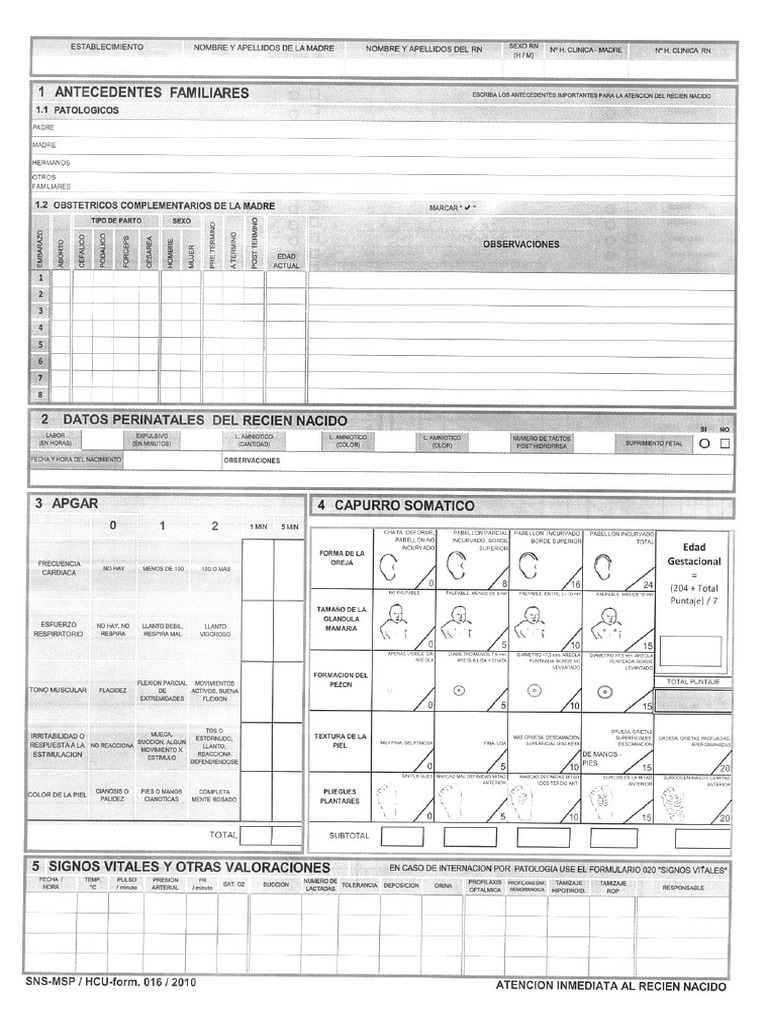 Form. 016-2010 - ATENCIÓN INMEDIATA AL RECIEN NACIDO | PDF