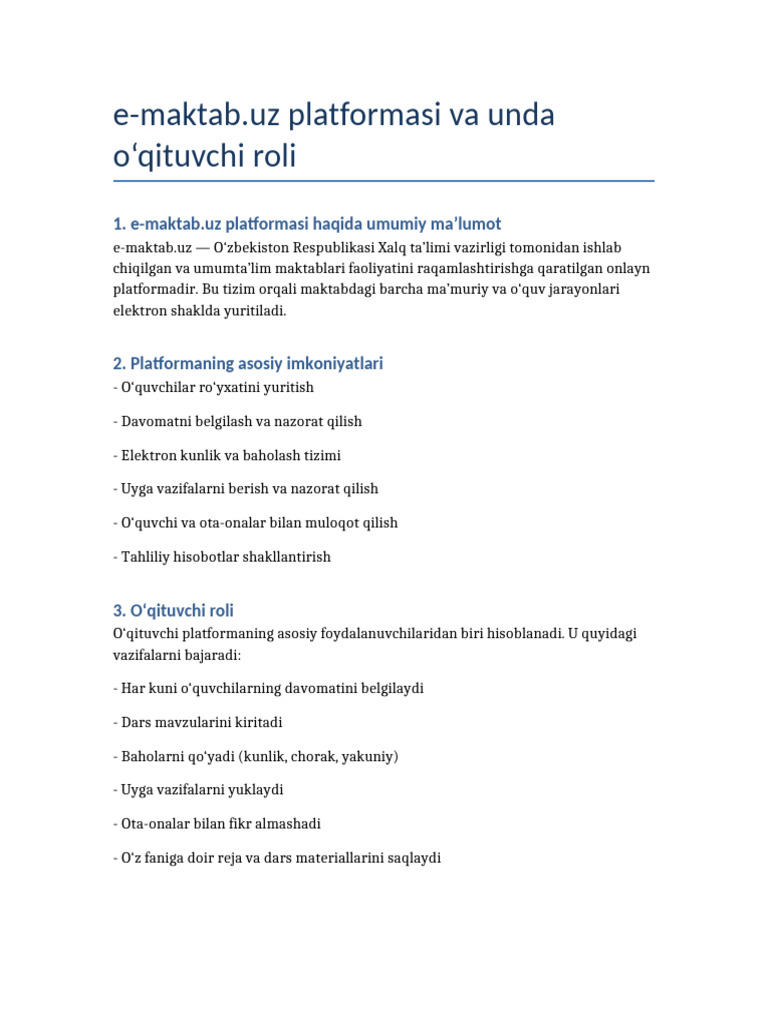 E-maktab Platformasi Oqituvchi Roli | PDF