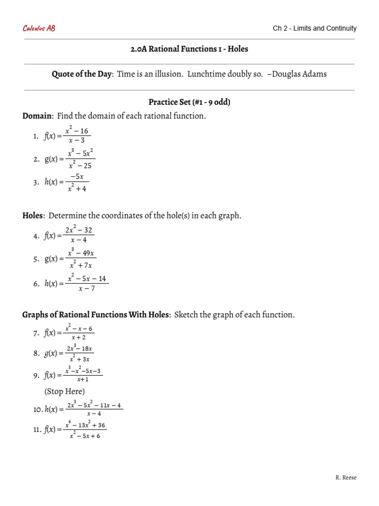 APCalc - CW - HW Rational Functions 1 - Holes | PDF | Function (Mathematics) | Mathematics