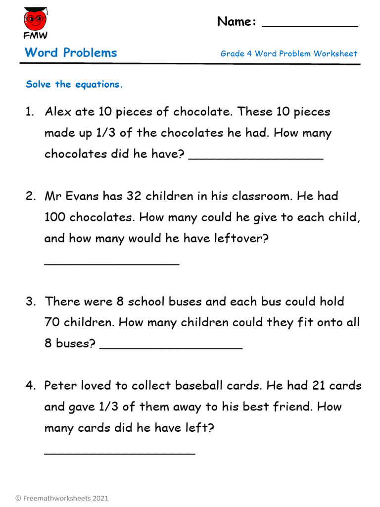 Grade 4 Word Problems Worksheet 4 | PDF
