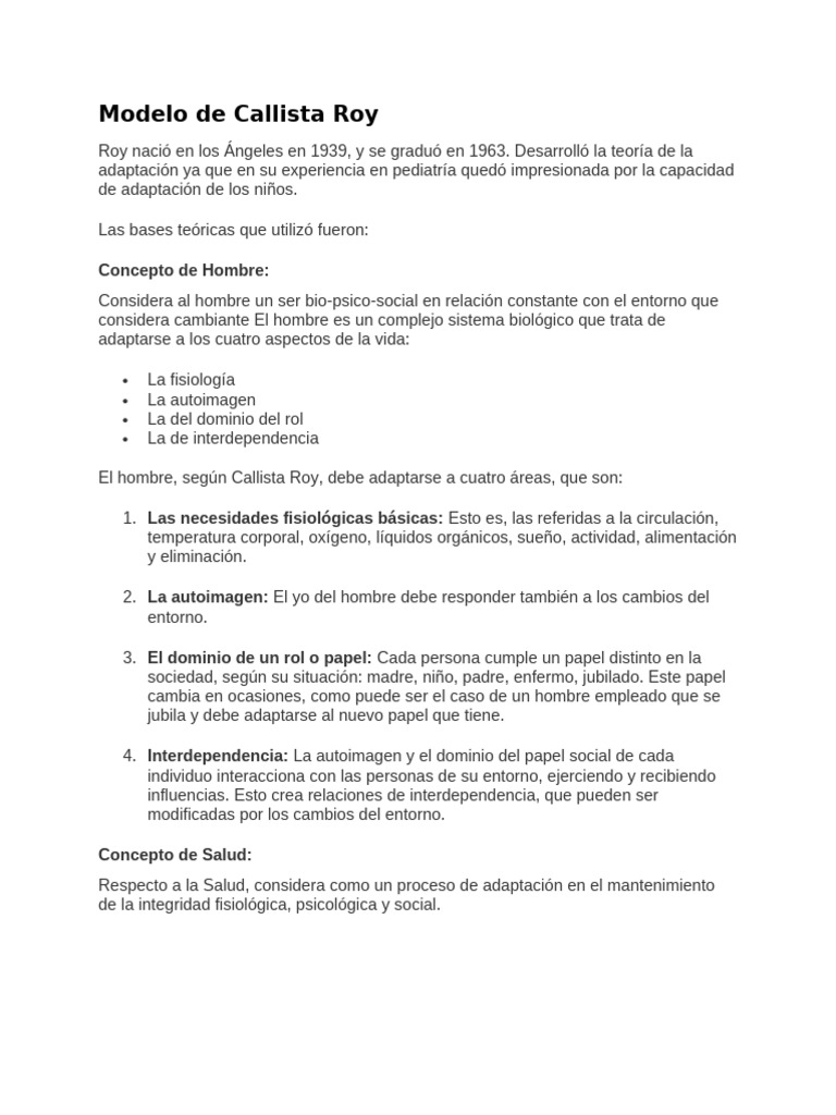 Modelo de Callista Roy | PDF | Enfermería | Adaptación