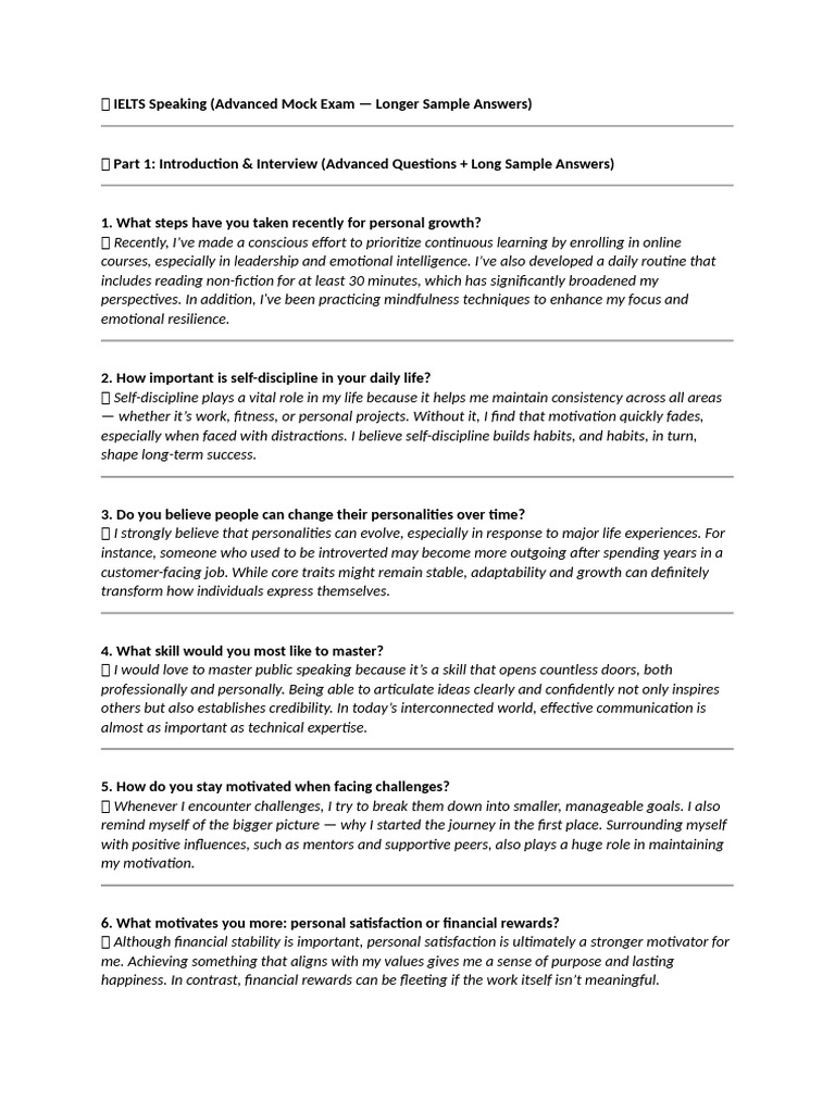 ? IELTS Speaking Mock Exam | PDF | Leadership | Disciplines