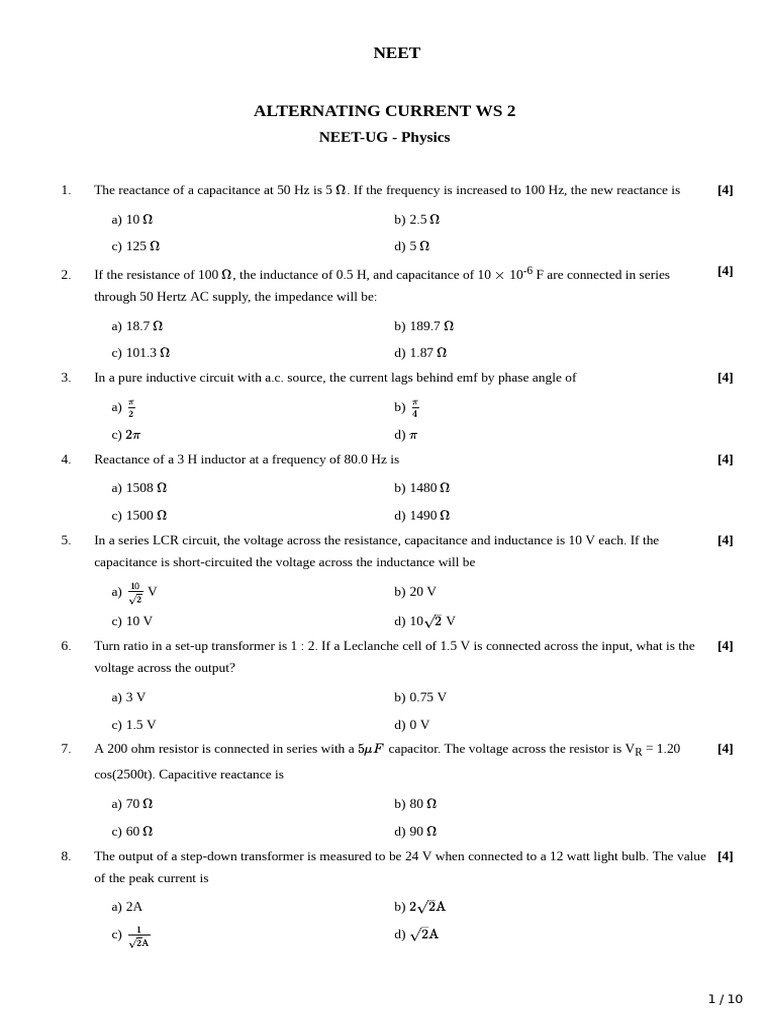 Alternating Current WS 2 | PDF | Inductor | Capacitor