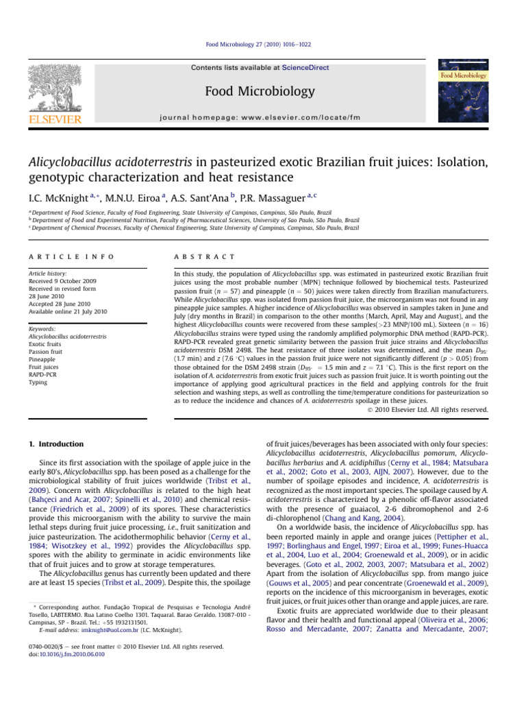 Alicyclobacillus Acidoterrestris in Pasteurized Exotic Brazilian Fruit ...