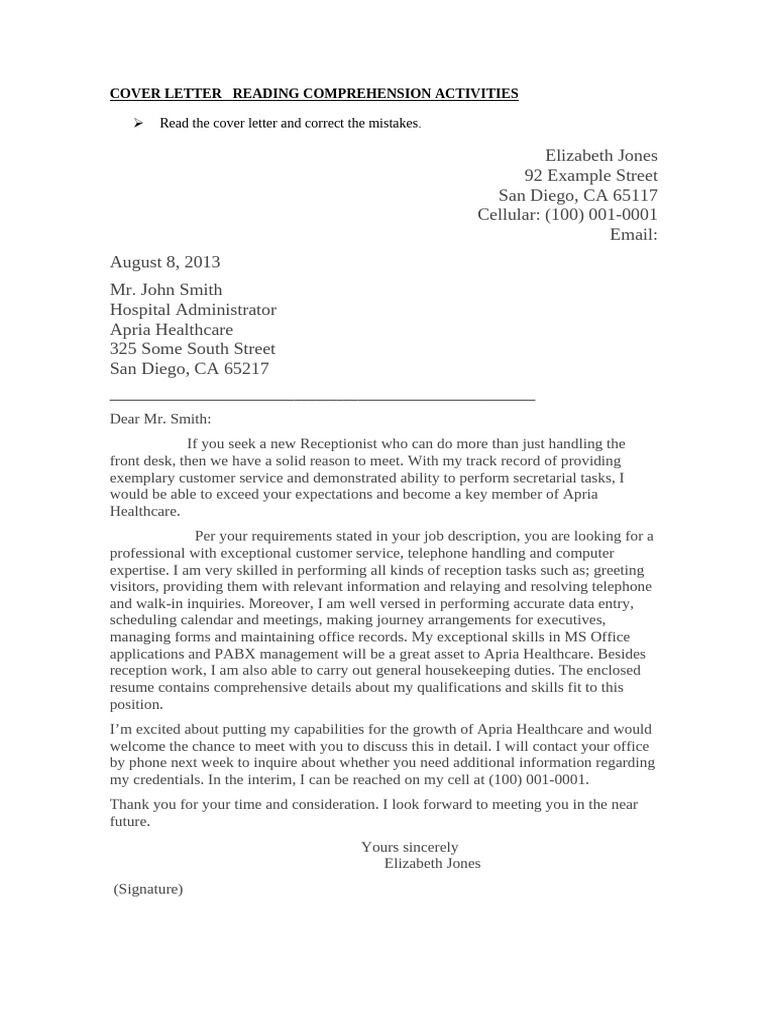 Cover Letter Comprehension | PDF