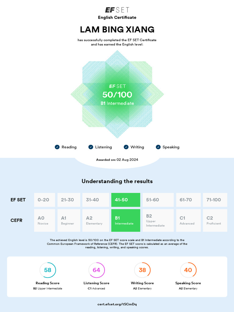 Lam Bing Xiang EF SET Certificate | PDF