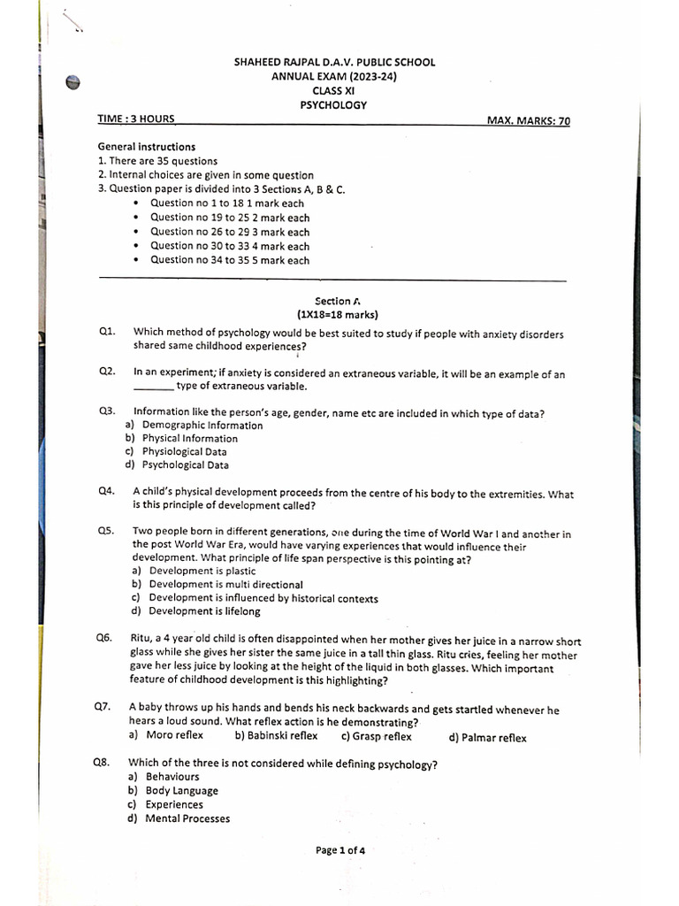 Psychology Class 11 Pyq | PDF