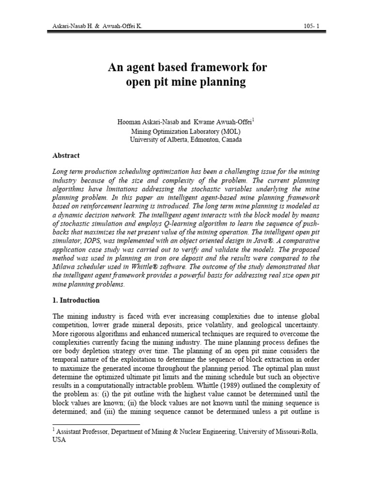 An agent based framework for open pit mine planning | PDF | Agent Based Model | Simulation