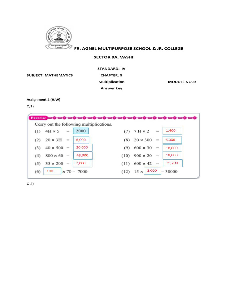 Answer Key - HW - Chapter 5 - Multiplication - Module 1 - Maths - STD IV | PDF