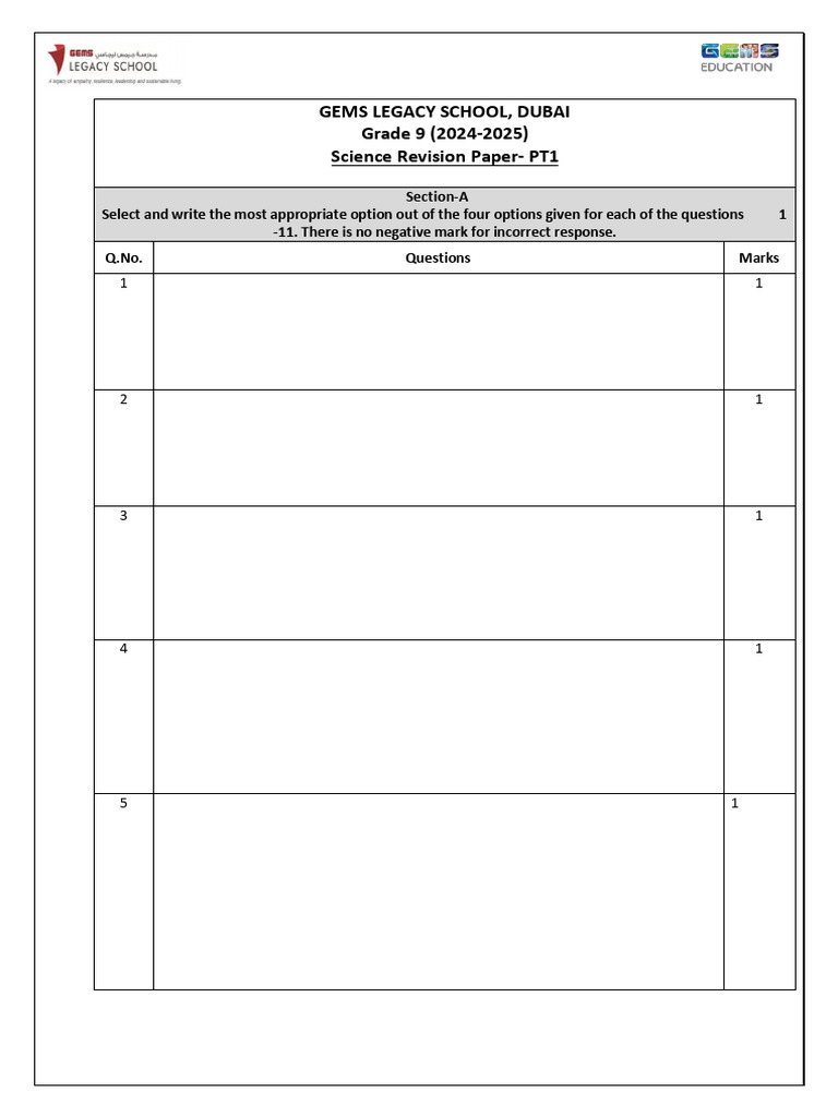 General Science - PT1 - Revision Paper - AY (24-25) 2 | PDF ...