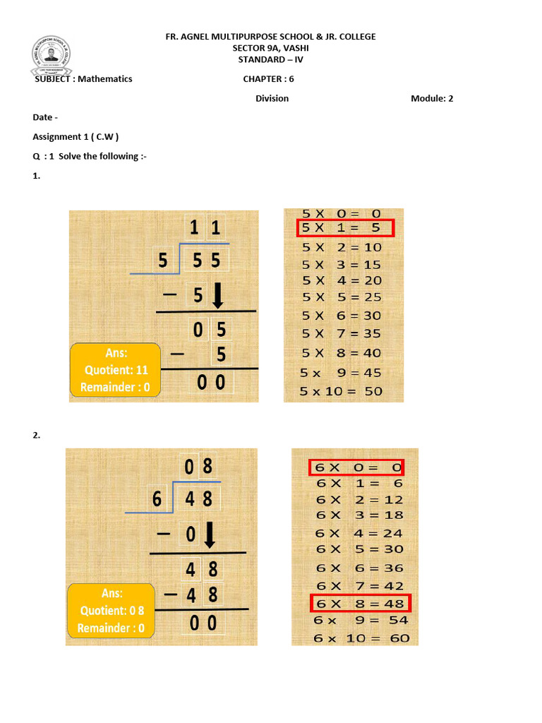 CW - HW - Chapter 6 - Division - Module 2 - Maths - STD IV | PDF