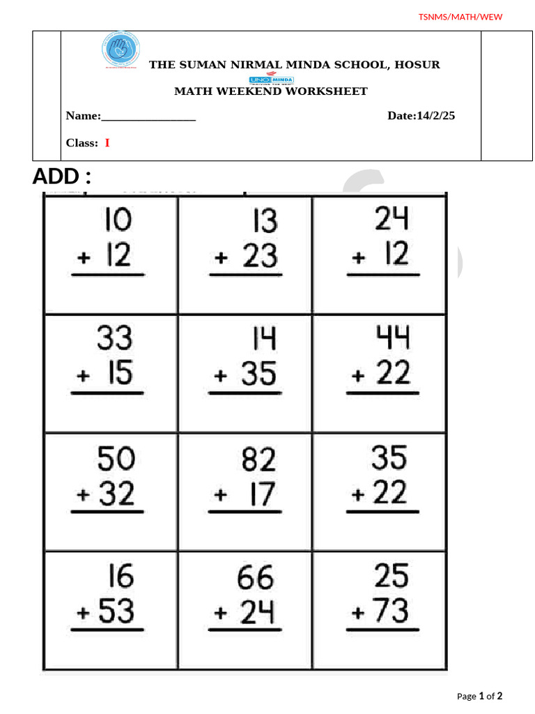 Grade 1 Math Weekend Worksheet | PDF